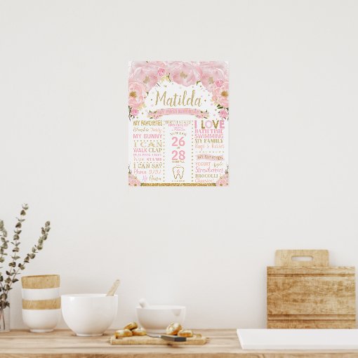 Floral 1st Birthday Milestones Birth Stats Poster | Zazzle