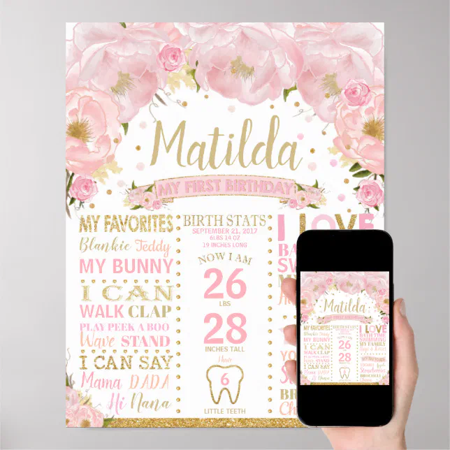Floral 1st Birthday Milestones Birth Stats Poster | Zazzle