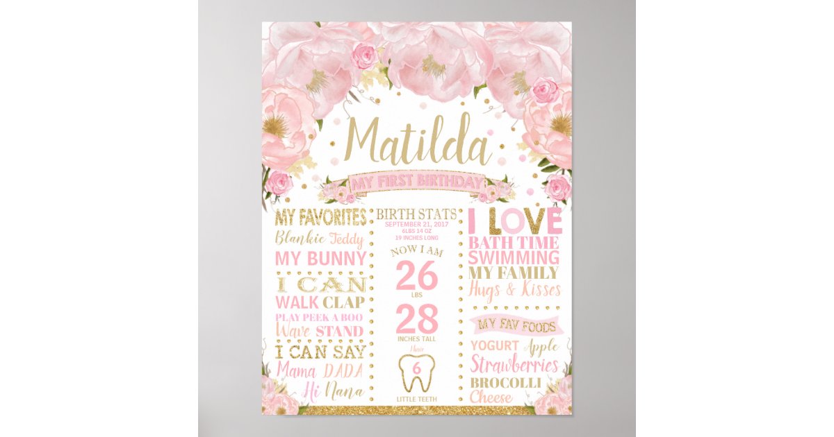 Floral 1st Birthday Milestones Birth Stats Poster | Zazzle