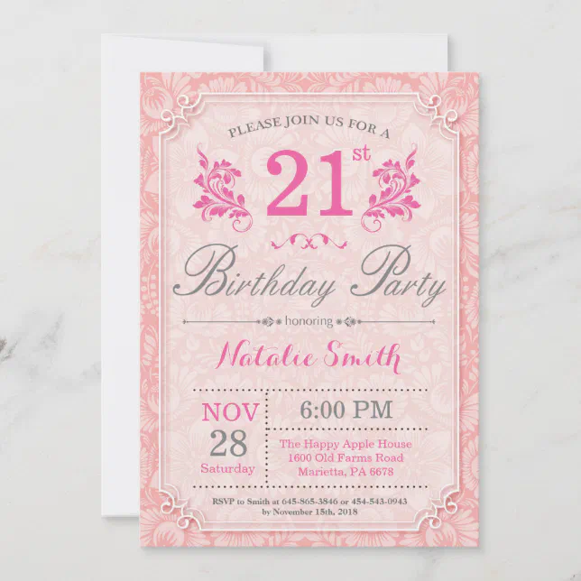 Floral 21st Birthday Invitation Pink for Women | Zazzle