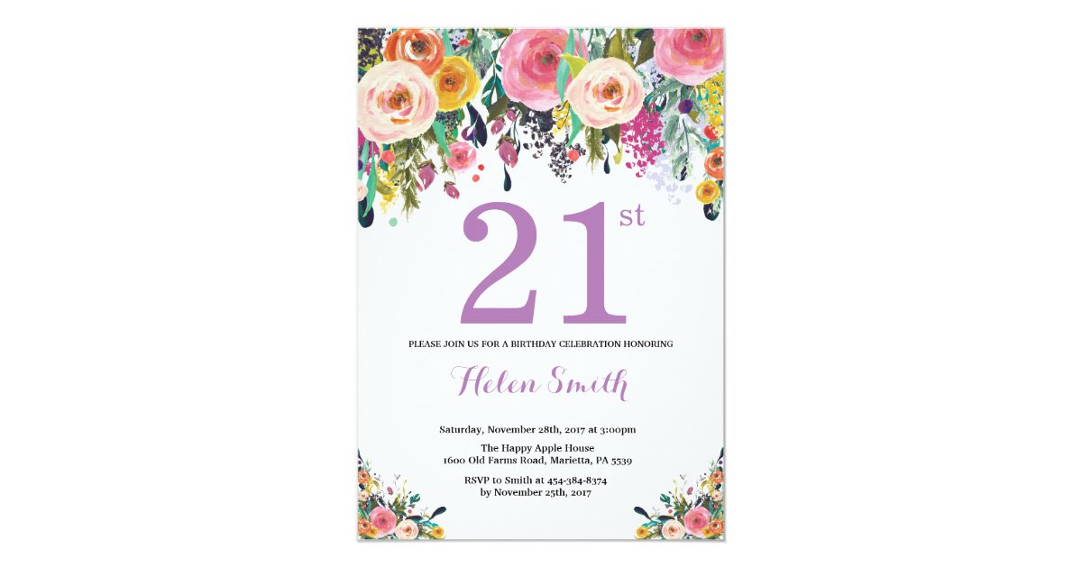 Floral 21st Birthday Invitation Purple | Zazzle.com