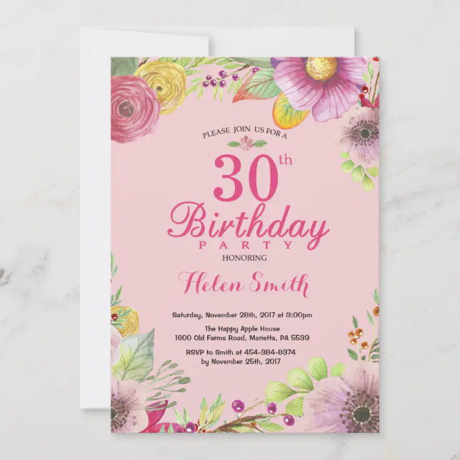 Floral 30th Birthday Invitation for Women | Zazzle