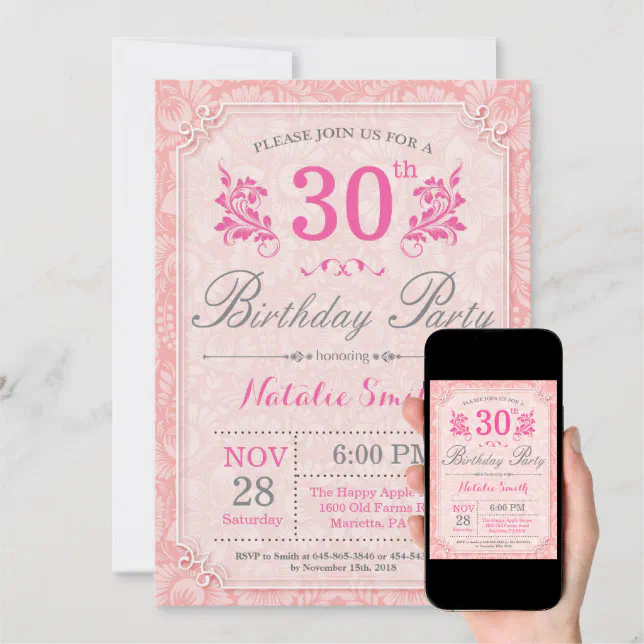 Floral 30th Birthday Invitation Pink for Women | Zazzle