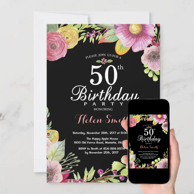 Floral 50th Birthday Invitation for Women | Zazzle