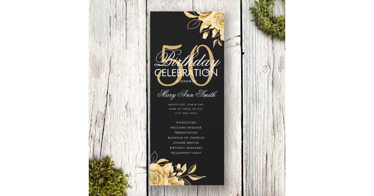Floral 50th Birthday Program Gold & Black w/ Menu | Zazzle
