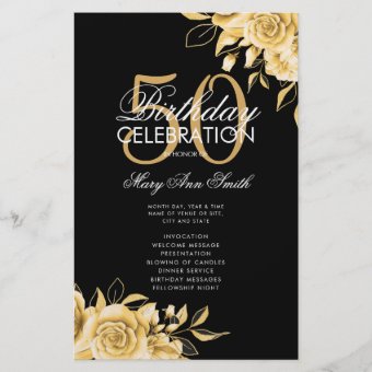 Floral 50th Birthday Program Gold & Black w/ Menu Flyer | Zazzle