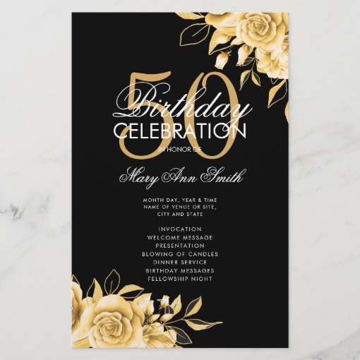 Floral 50th Birthday Program Gold & Black w/ Menu Flyer | Zazzle