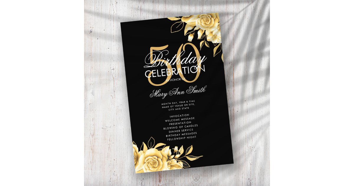 Floral 50th Birthday Program Gold & Black w/ Menu Flyer | Zazzle