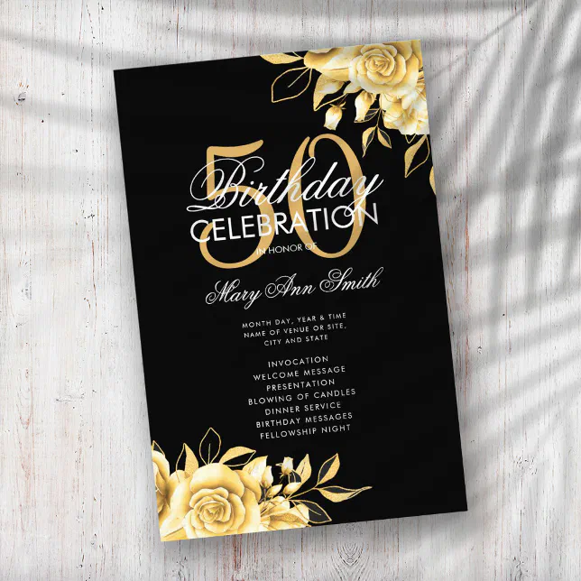 Floral 50th Birthday Program Gold & Black w/ Menu Flyer | Zazzle