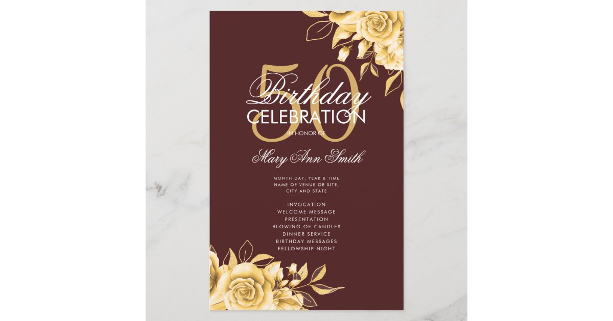 Floral 50th Birthday Program Gold & Burgundy Menu | Zazzle