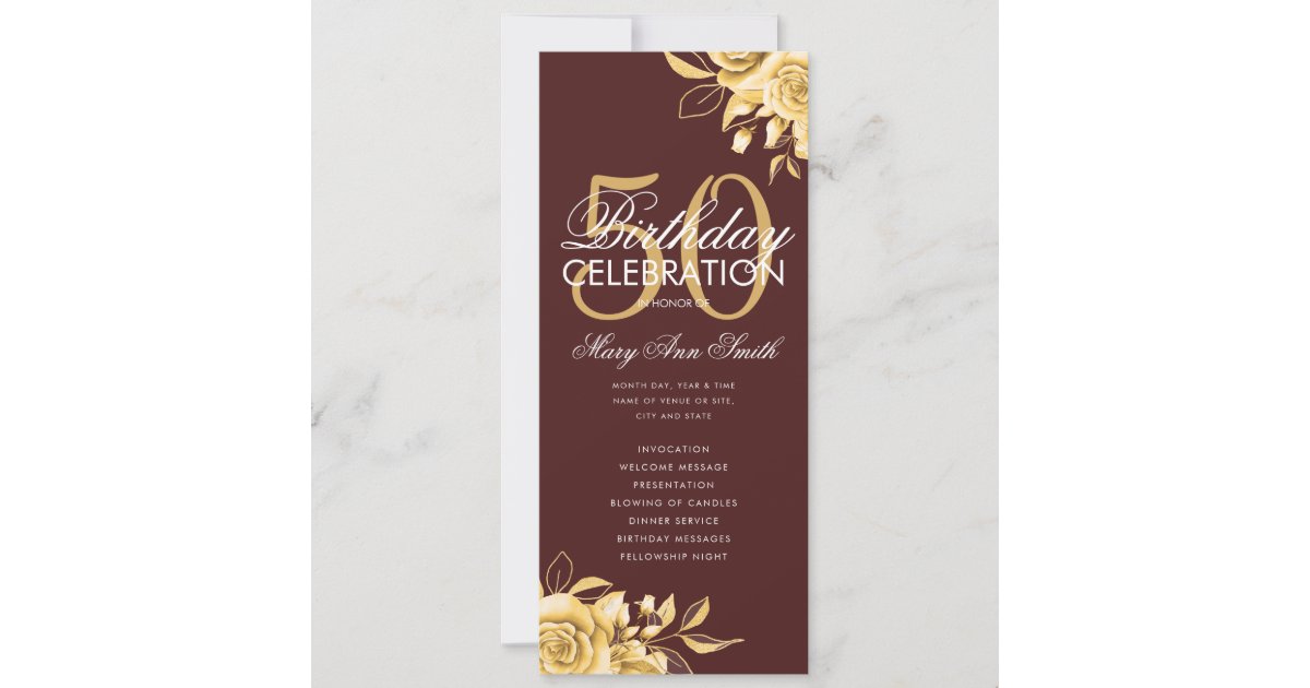 Floral 50th Birthday Program Gold & Burgundy Menu | Zazzle