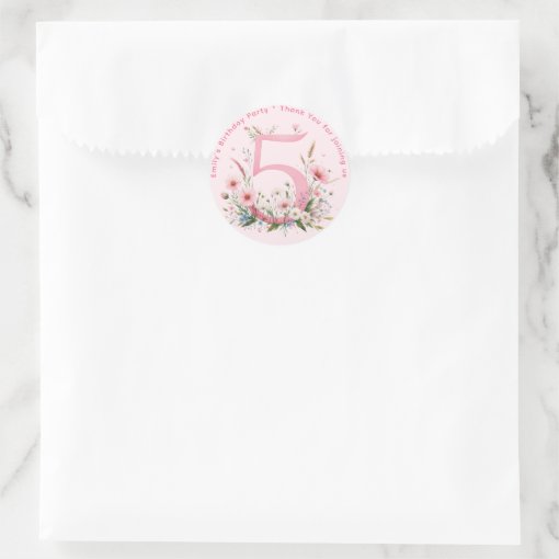 Floral 5th Birthday Thank You Favor Five Custom Classic Round Sticker ...
