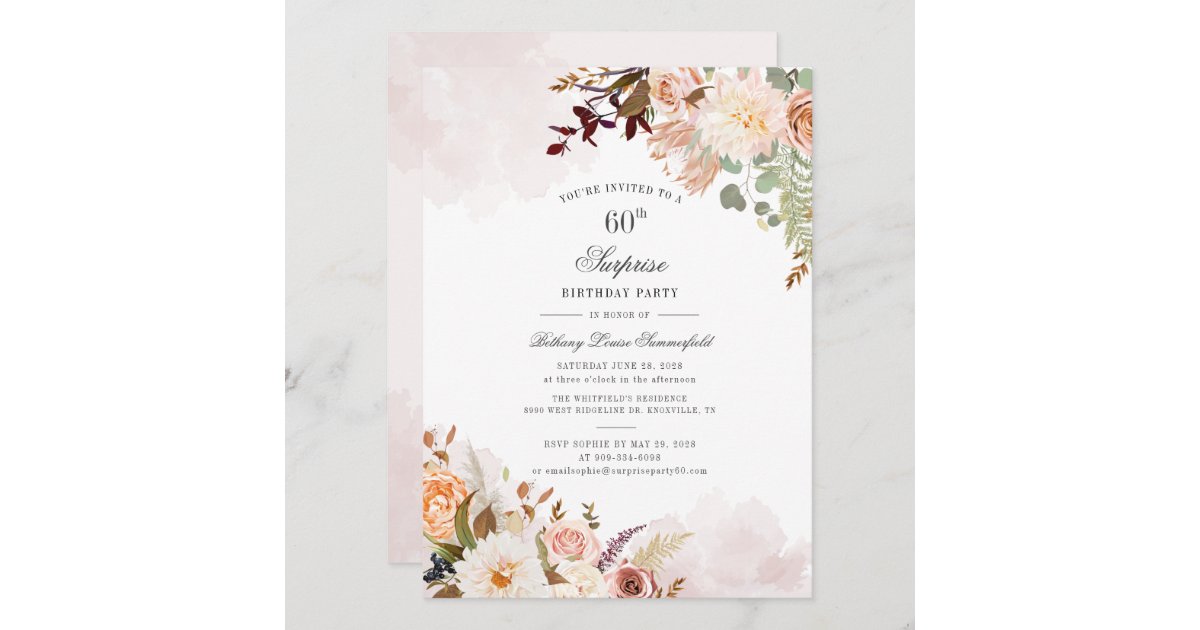 Floral 60th Birthday Surprise Party Invitation | Zazzle