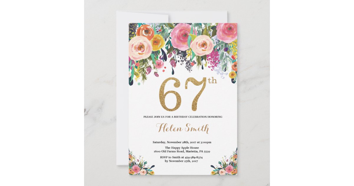 Floral 67th Birthday Invitation Gold Glitter | Zazzle