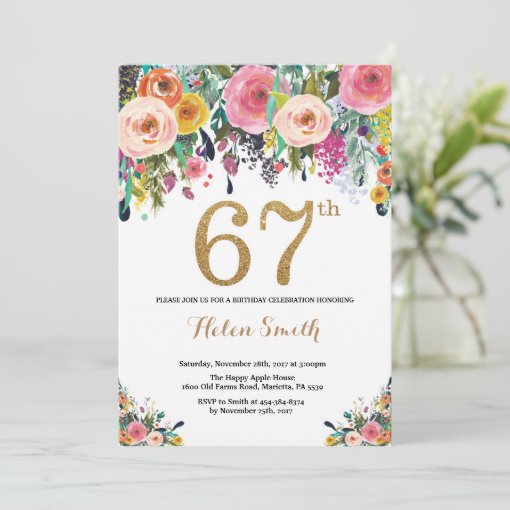 Floral 67th Birthday Invitation Gold Glitter | Zazzle