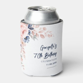 Floral 70th Birthday Party Botanical Script Can Cooler | Zazzle