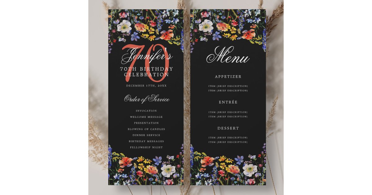 Floral 70th Birthday Party Program Menu Black | Zazzle