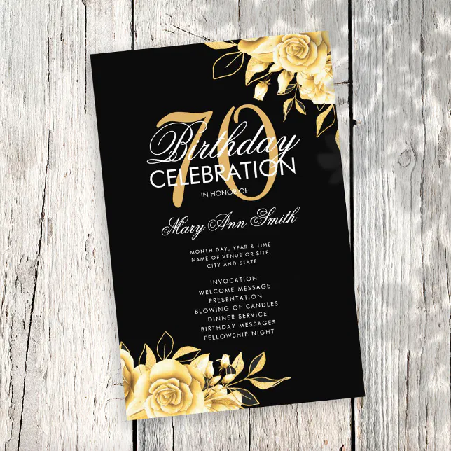 Floral 70th Birthday Program Gold & Black w/ Menu | Zazzle