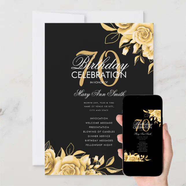 Floral 70th Birthday Program Gold & Black w/ Menu | Zazzle