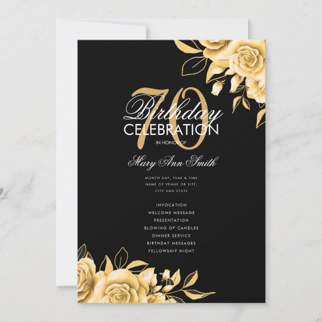 Floral 70th Birthday Program Gold & Black w/ Menu | Zazzle