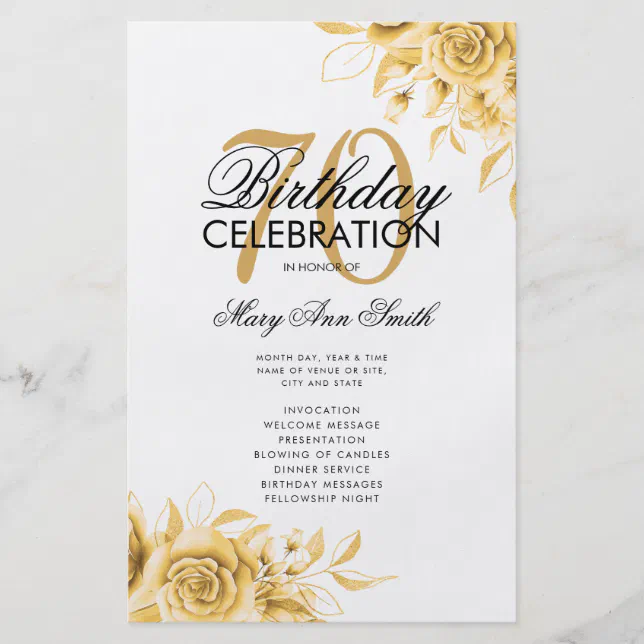 Floral 70th Birthday Program Gold w/ Menu Flyer | Zazzle
