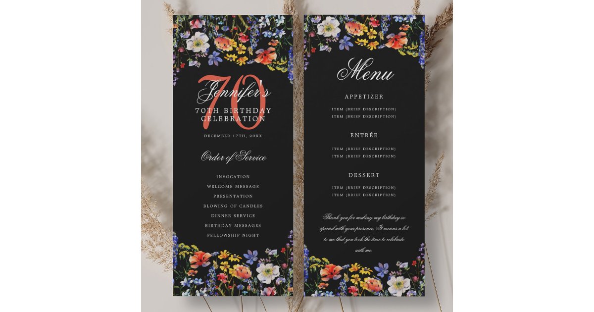 Floral 70th Birthday Program Menu Thank You Black | Zazzle
