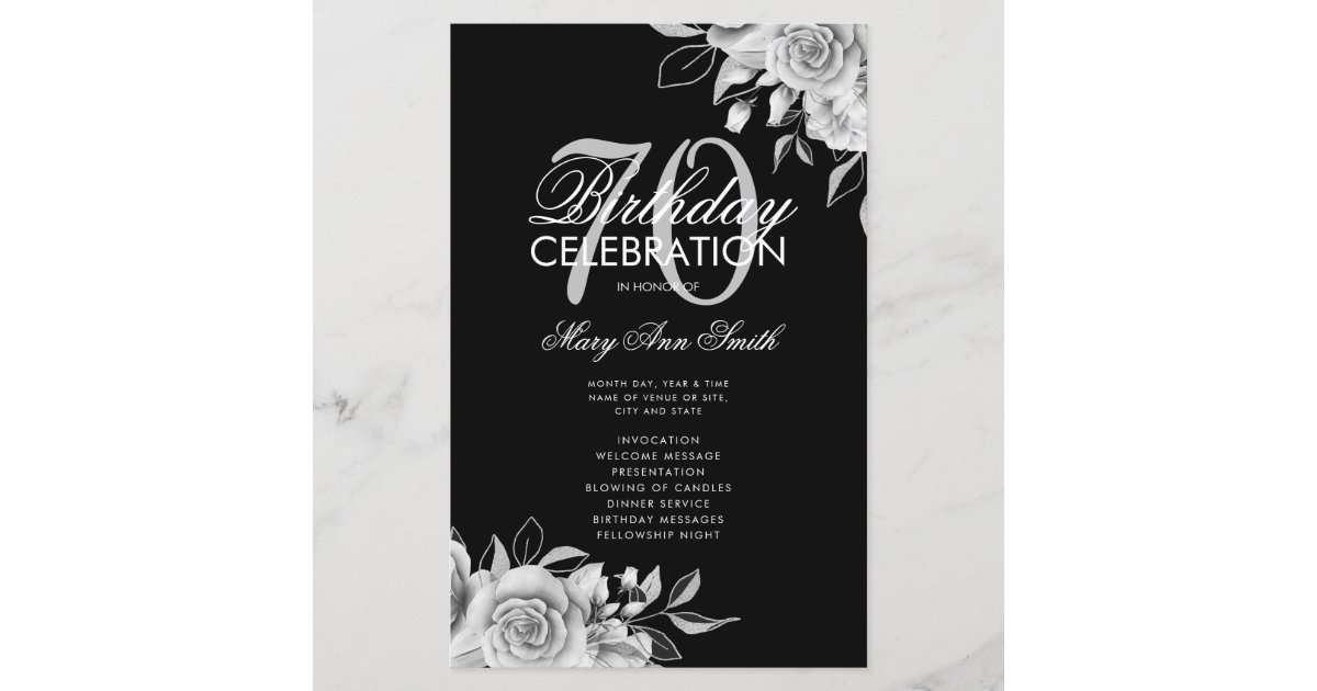 Floral 70th Birthday Program Silver Black w/ Menu | Zazzle