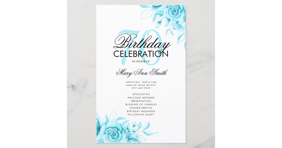 Floral 70th Birthday Program Teal w/ Menu | Zazzle