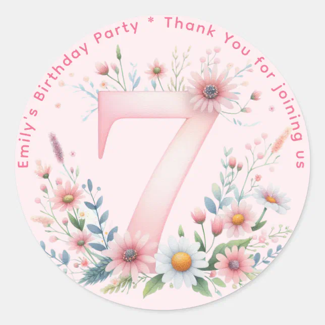Floral 7th Birthday Thank You Favor Seven Custom Classic Round Sticker ...