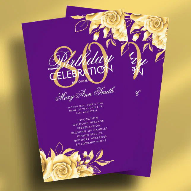 Floral 80th Birthday Program Gold & Purple w/ Menu Flyer | Zazzle