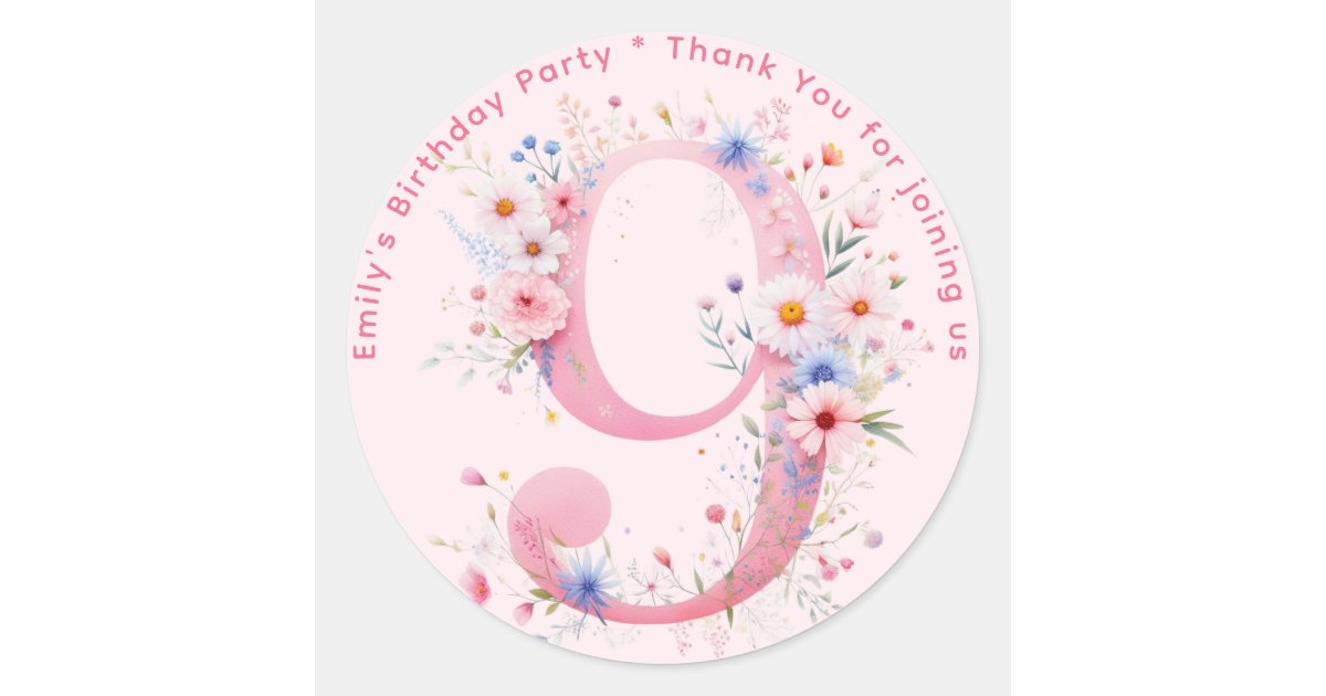 Floral 9th Birthday Thank You Favor Nine Custom Classic Round Sticker ...