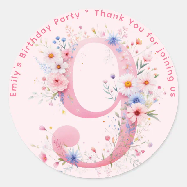 Floral 9th Birthday Thank You Favor Nine Custom Classic Round Sticker ...