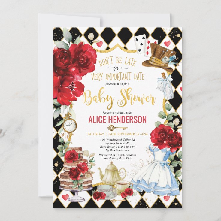 Floral Alice in Wonderland Tea Party Baby Shower Invitation | Zazzle