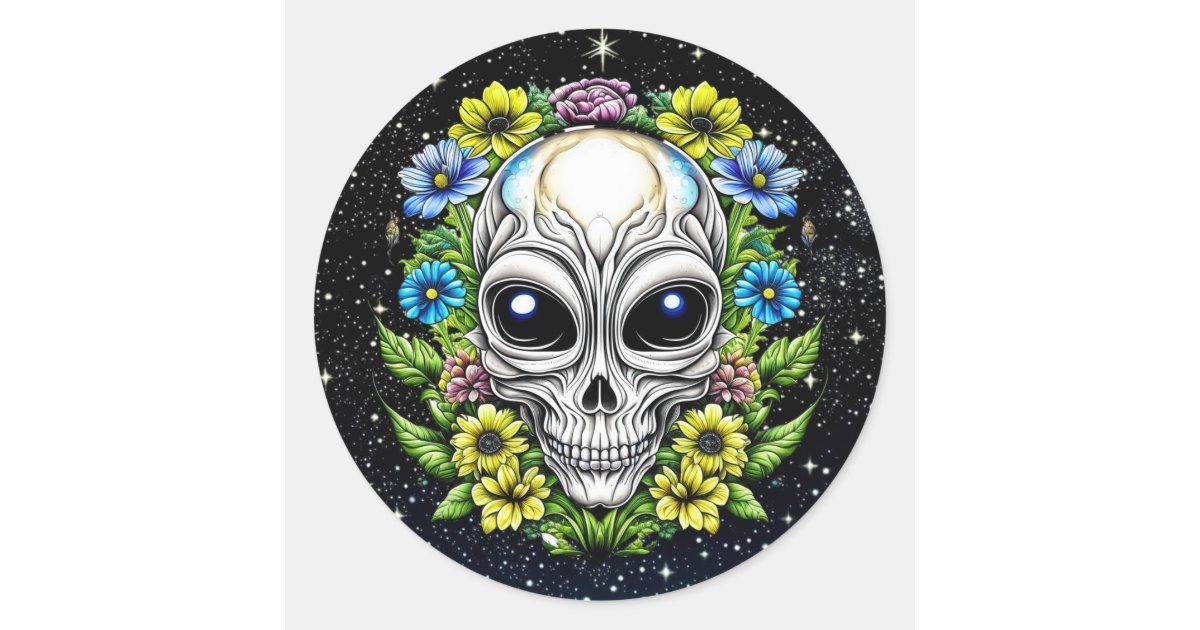 Floral Alien Skull Extraterrestrial AI Art Classic Round Sticker | Zazzle