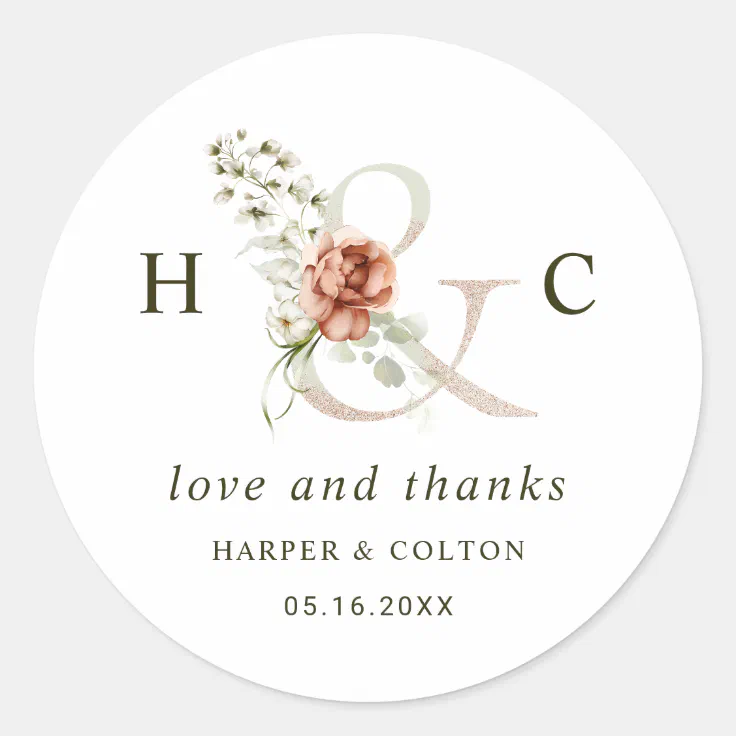 Floral Ampersand Elegant Wedding Thank You Classic Round Sticker | Zazzle