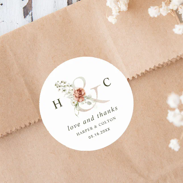 Floral Ampersand Elegant Wedding Thank You Classic Round Sticker | Zazzle