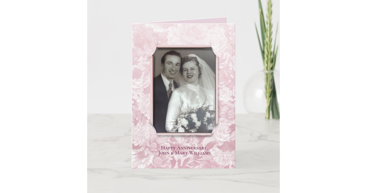 Floral anniversary pink blush photo frame card | Zazzle