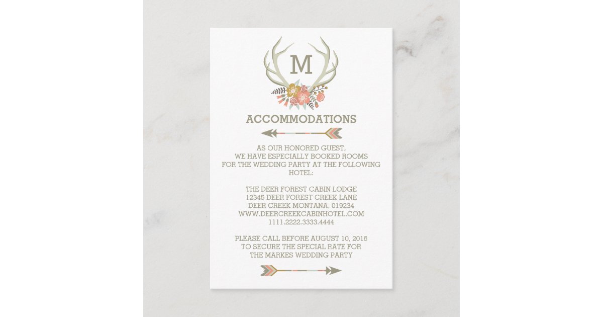 FLORAL ANTLERS | RUSTIC WEDDING ACCOMMODATION CARD | Zazzle