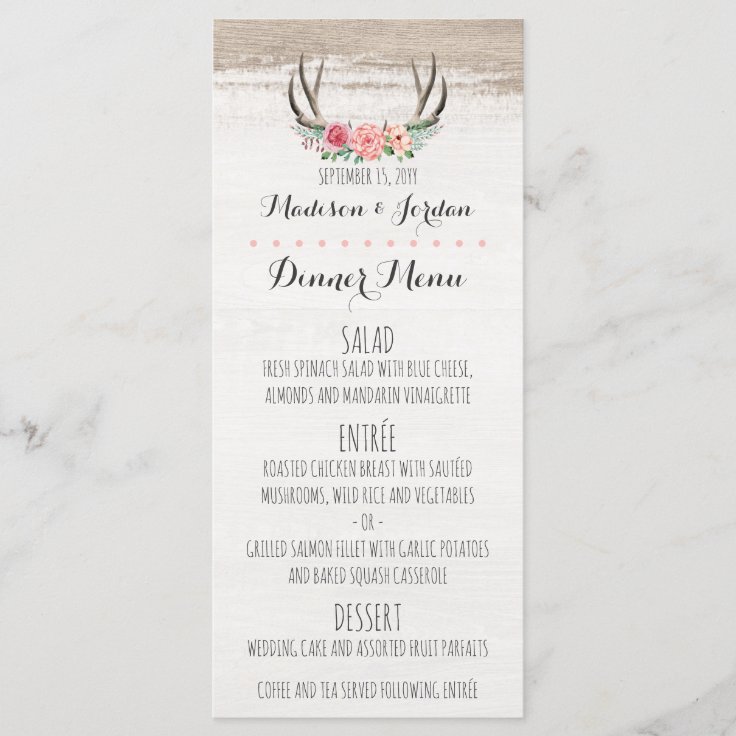 Floral Antlers Rustic Wedding Custom Dinner Menu | Zazzle