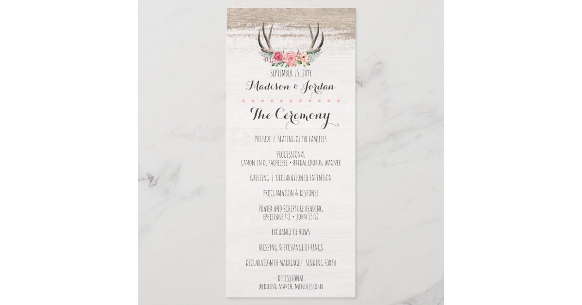 Floral Antlers Rustic Wedding Program Schedule | Zazzle