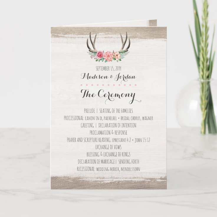 Floral Antlers Rustic Wedding Program Schedule | Zazzle