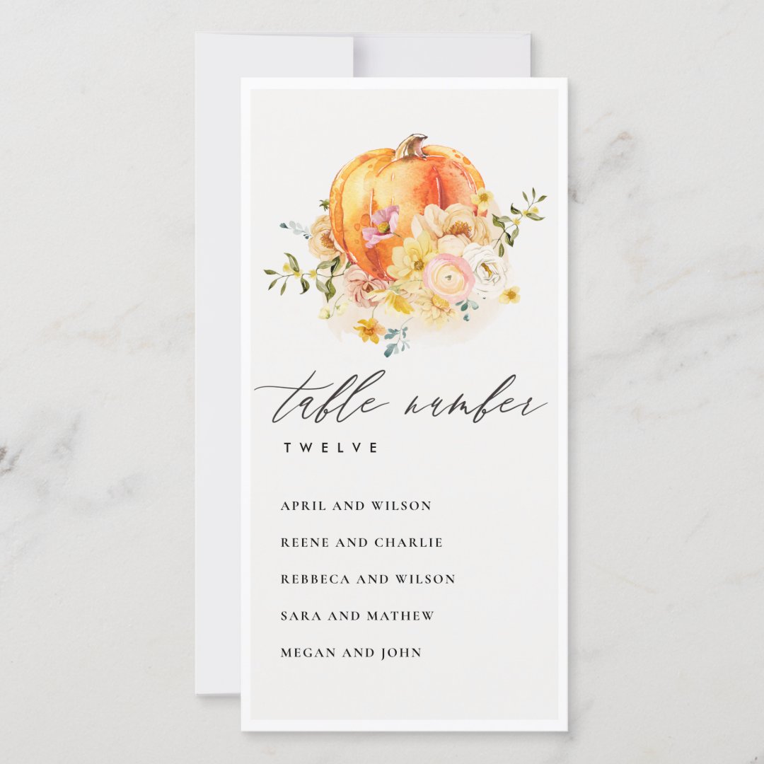 Floral Autumn Pumpkin Seating Chart Table Number | Zazzle