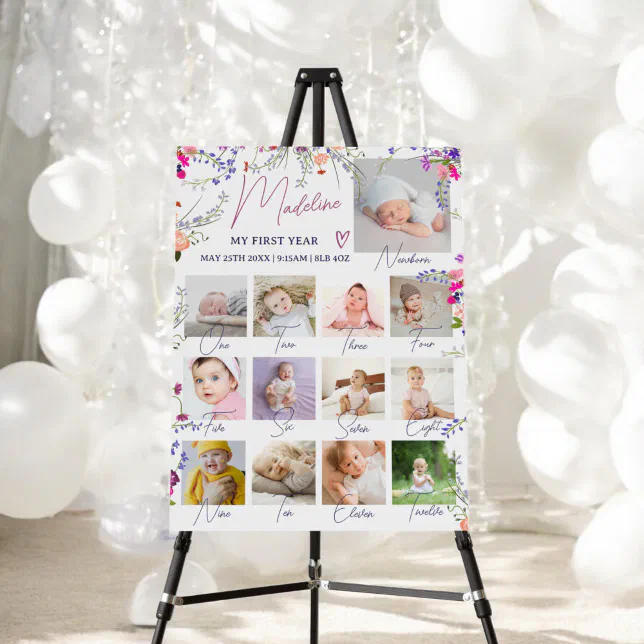 Floral Baby’s First Year Photo Collage Milestone Foam Board | Zazzle