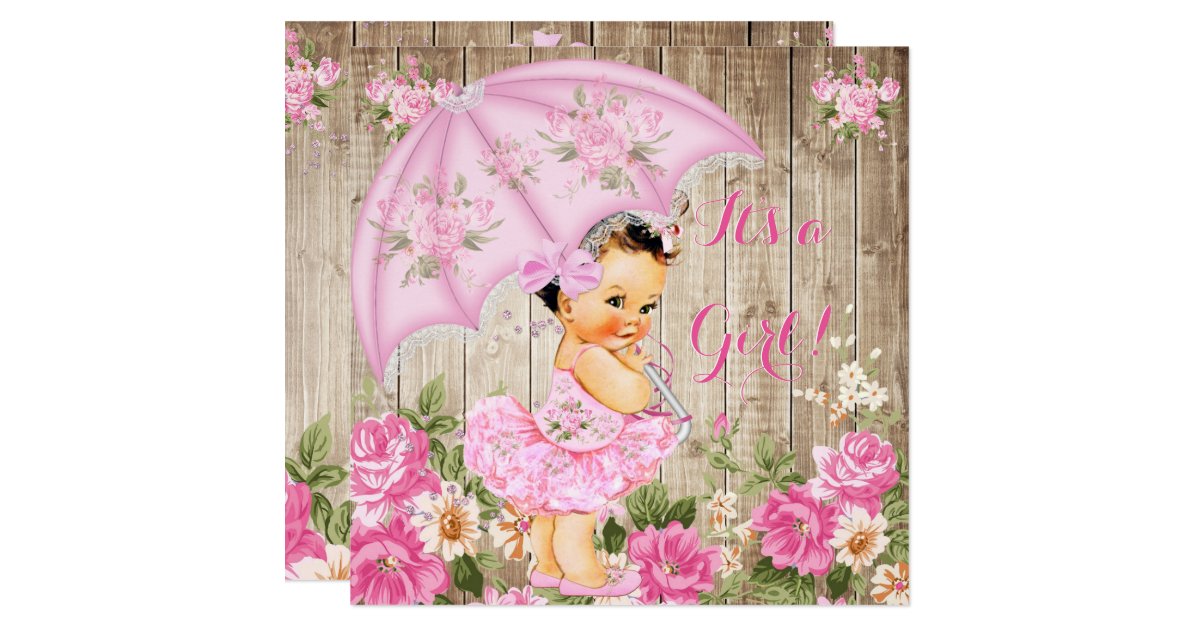 Floral Baby Shower Pink Rustic Wood Girl Brunette Invitation | Zazzle.com