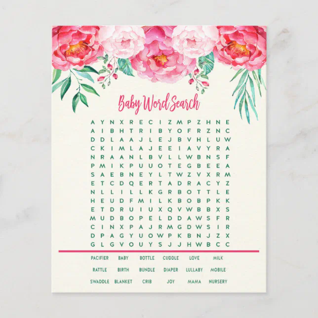 Floral Baby Word Search, Baby Shower Games, Games | Zazzle