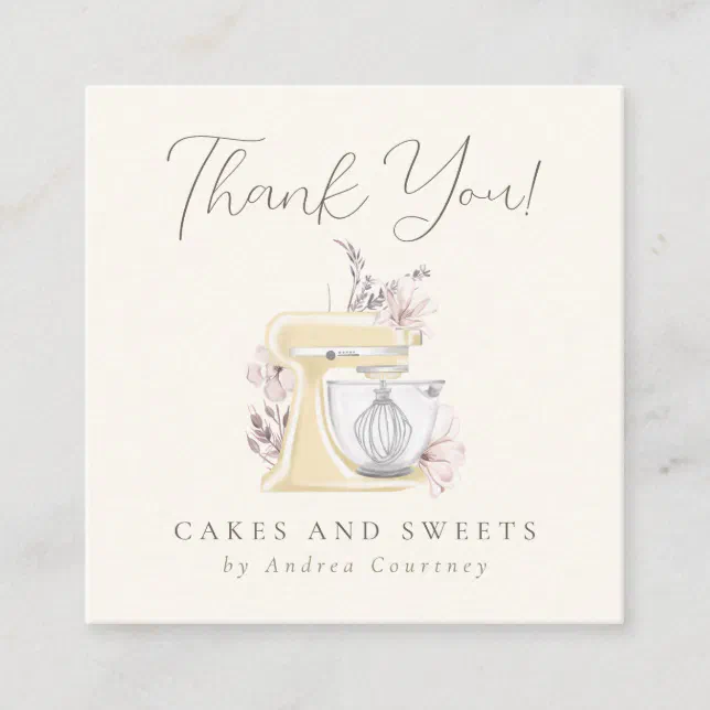 Floral Bakery Pastry Chef Mixer Cake Thank you Square Business Card ...