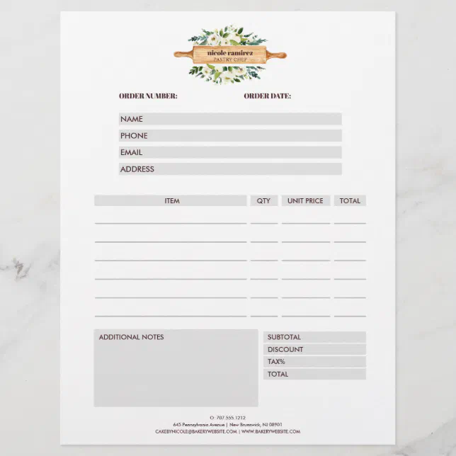 Floral Bakery Rolling Pin Gray Order Form Flyer | Zazzle