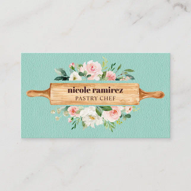 Floral Bakery Rolling Pin Patisserie Mint Leather Business Card | Zazzle