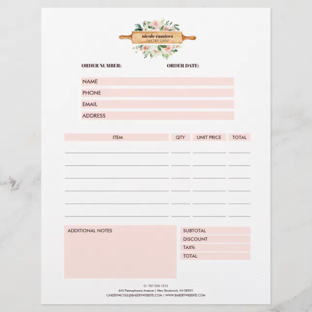 Floral Bakery Rolling Pin Patisserie Order Form Flyer | Zazzle