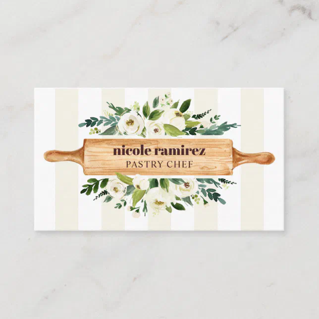 Floral Bakery Rolling Pin Patisserie striped beige Business Card | Zazzle